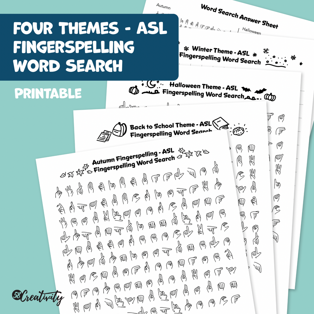 ASL Fingerspelling Word Search – Four Themes (Downloadable) – 58 Creativity
