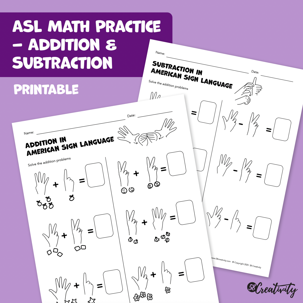 ASL Math Practice – Addition & Subtraction (Digital Download) – 58 ...